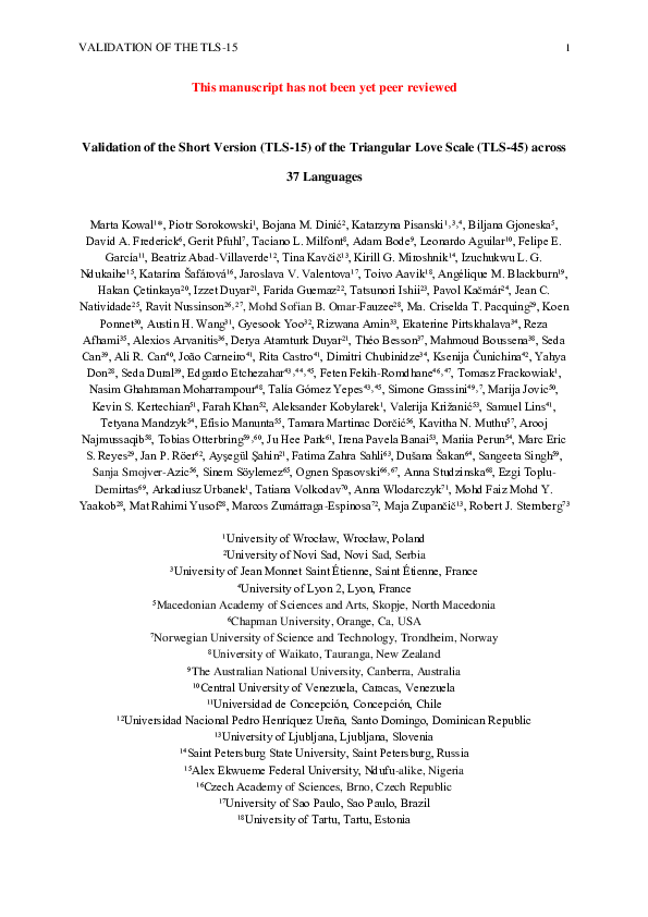 (PDF) Validation of the Short Version (TLS-15) of the Triangular Love Scale (TLS-45) across 37 ...