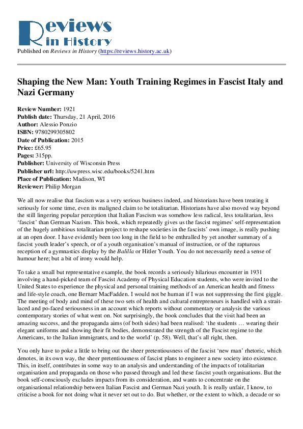 (PDF) Shaping the new man: youth training regimes in Fascist Italy and ...