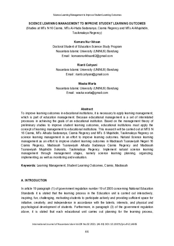 (PDF) Science Learning Management to Improve Student Learning Outcomes