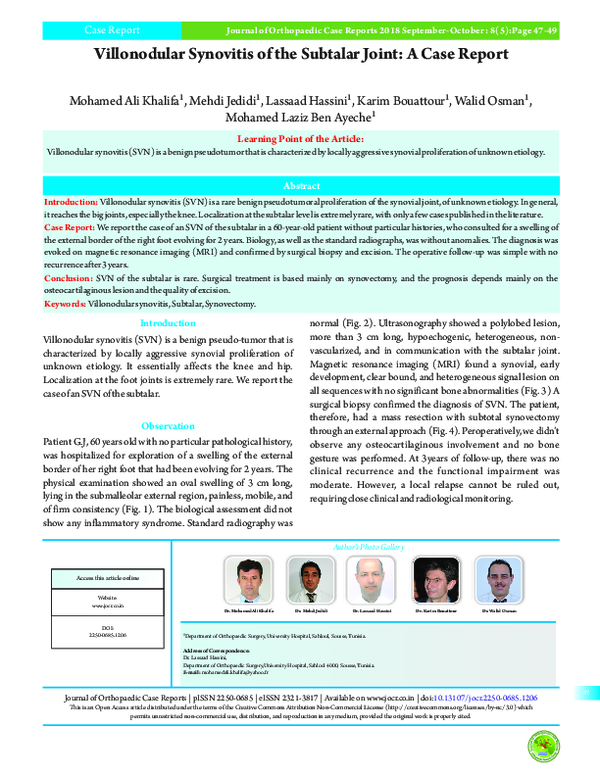 (PDF) Villonodular Synovitis of the Subtalar Joint: A Case Report