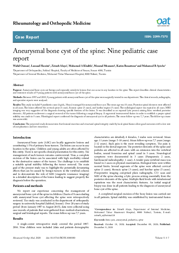 (PDF) Aneurysmal bone cyst of the spine: 9 pediatric case report