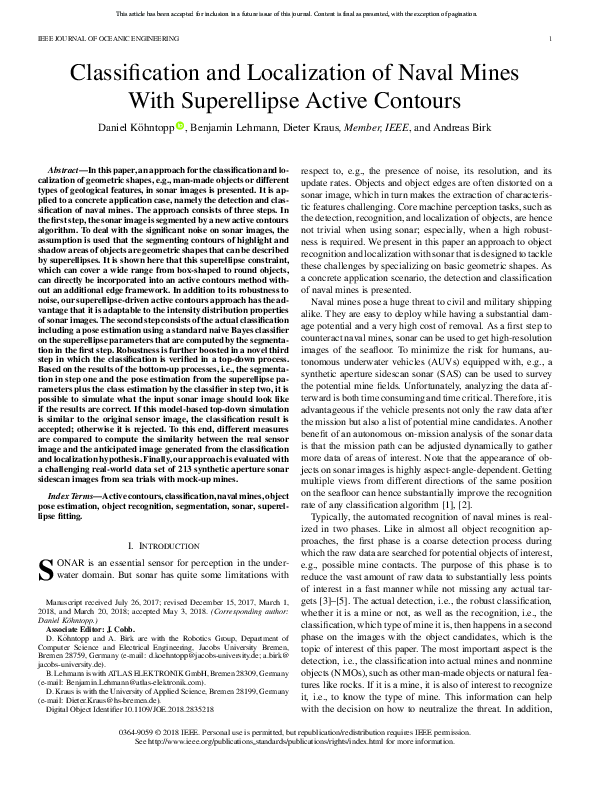 (PDF) Classification and Localization of Naval Mines With Superellipse Active Contours