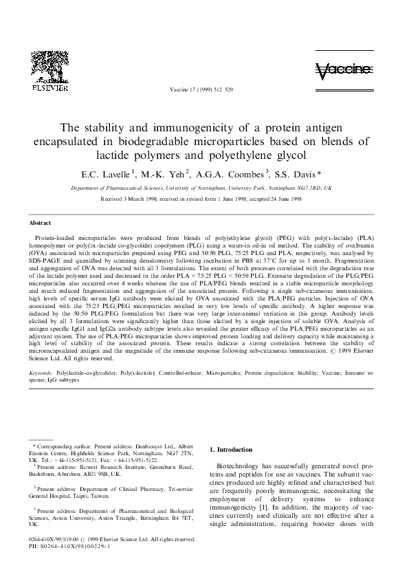 (PDF) The stability and immunogenicity of a protein antigen encapsulated in biodegradable ...