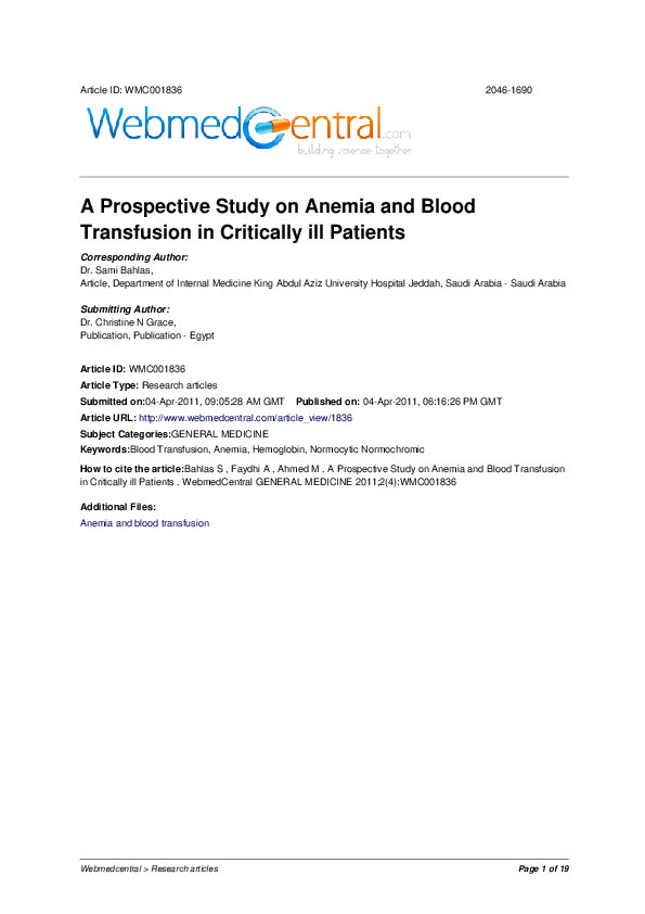 (PDF) Anemia and Blood Transfusion in Critical Patients: A Prospective ...