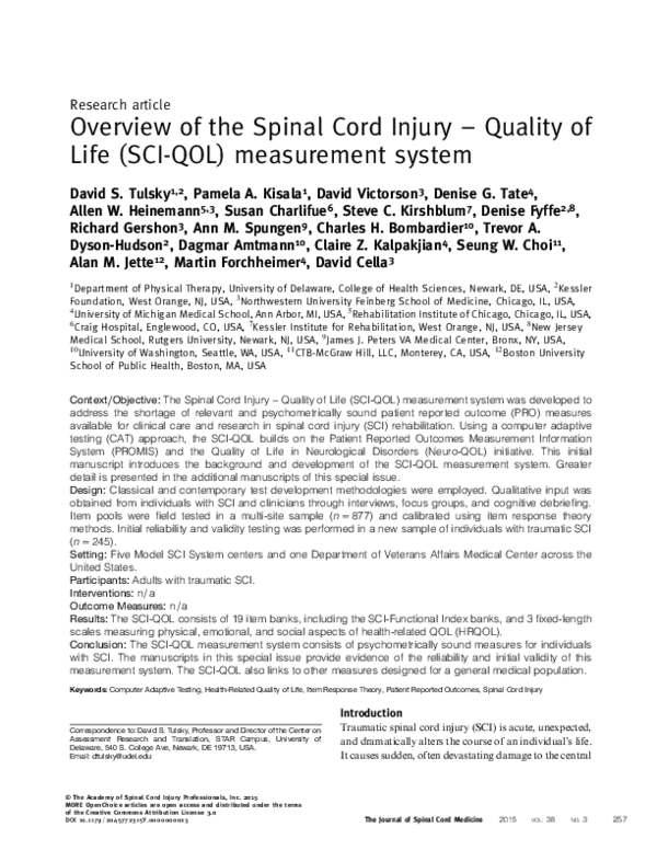 (PDF) Overview of the Spinal Cord Injury – Quality of Life (SCI-QOL ...