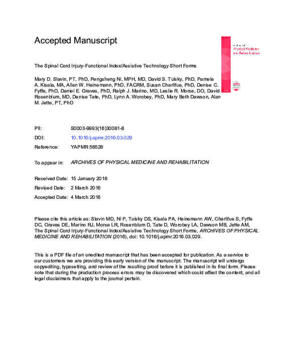 (PDF) Spinal Cord Injury–Functional Index/Assistive Technology Short Forms