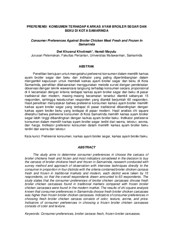 (PDF) Preferensi Konsumen Terhadap Karkas Ayam Broiler Segar Dan Beku ...