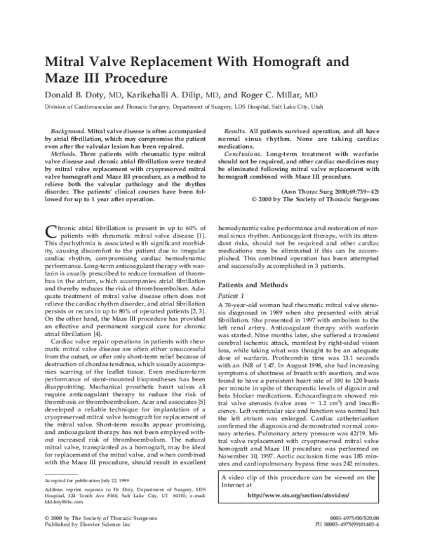 (PDF) Mitral Valve Replacement with Homograft and Maze III Outcomes