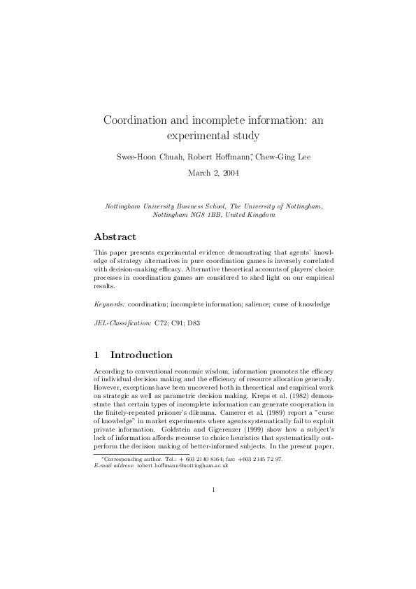 (PDF) Coordination and Incomplete Information: An Experimental Study
