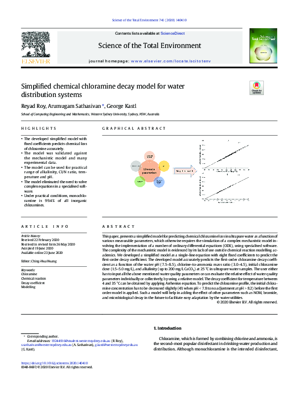 (PDF) Simplified chemical chloramine decay model for water distribution ...