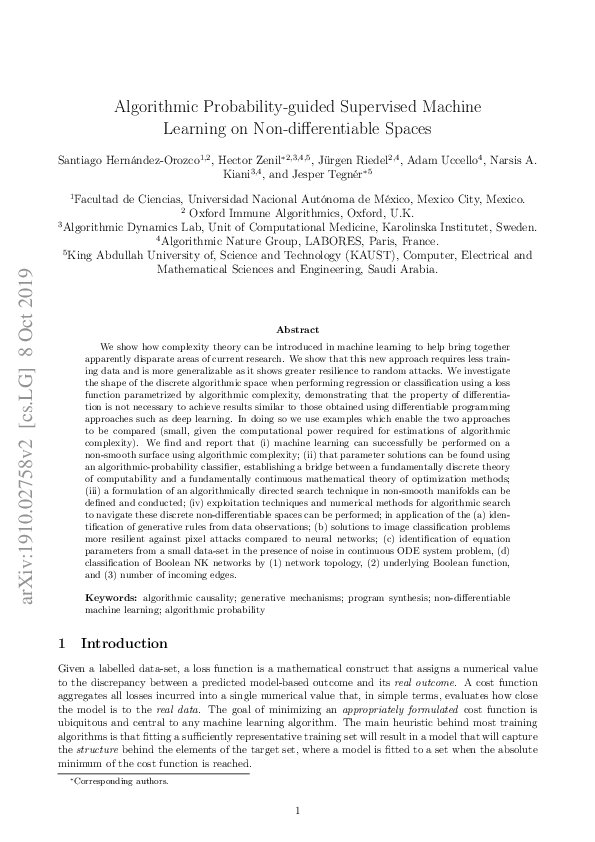 (PDF) Algorithmic Probability-guided Supervised Machine Learning on Non-differentiable Spaces