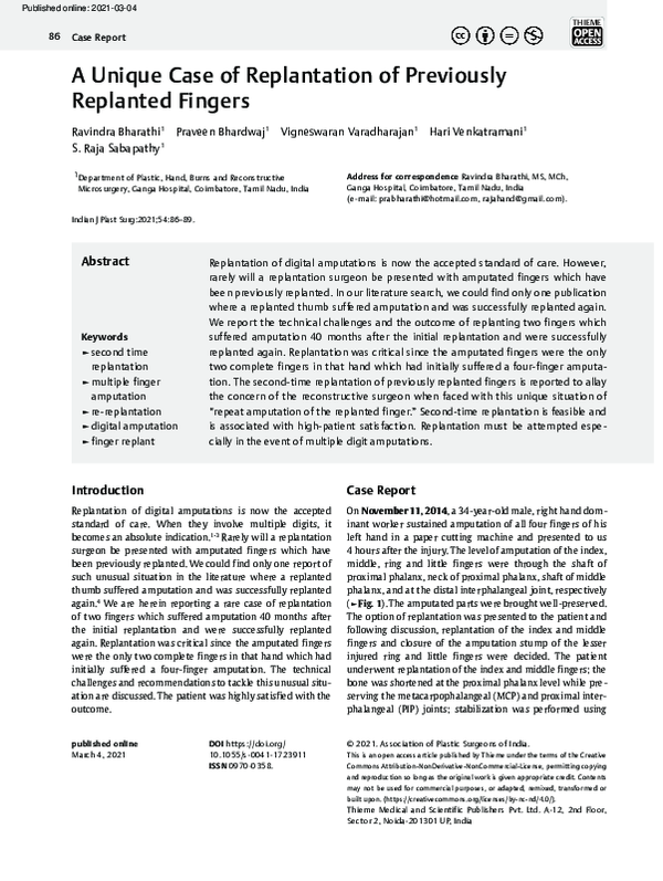 (PDF) A Unique Case of Replantation of Previously Replanted Fingers