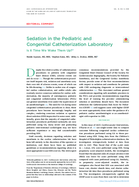 (PDF) Sedation in the Pediatric and Congenital Catheterization Lab