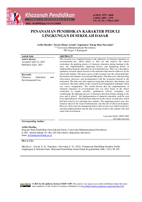 (PDF) Penanaman Pendidikan Karakter Peduli Lingkungan DI Sekolah Dasar (PDF) Penanaman Pendidikan Karakter Peduli Lingkungan DI Sekolah Dasar