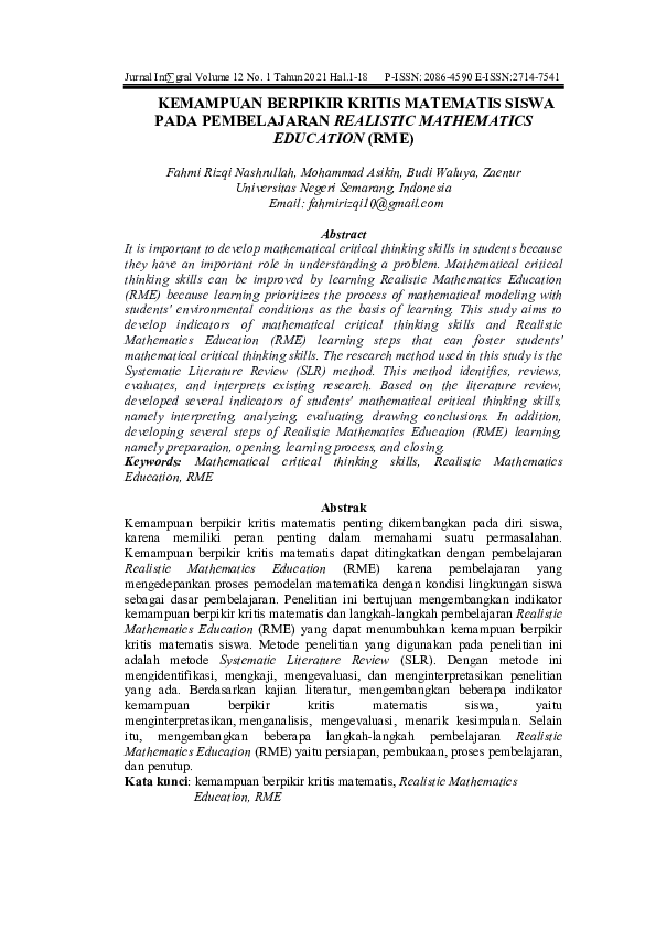 (PDF) Kemampuan Berpikir Kritis Matematis Siswa Pada Pembelajaran Realistic Mathematics ...