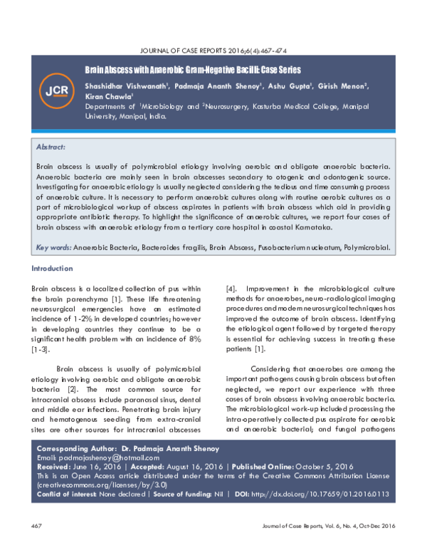 (PDF) Brain Abscess with Anaerobic Gram-Negative Bacilli: Case Series