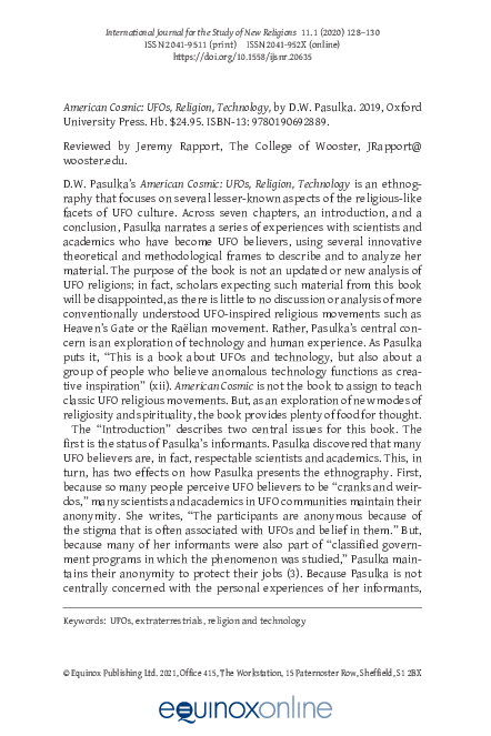 (PDF) American Cosmic: UFOs, Religion, Technology, by D.W. Pasulka