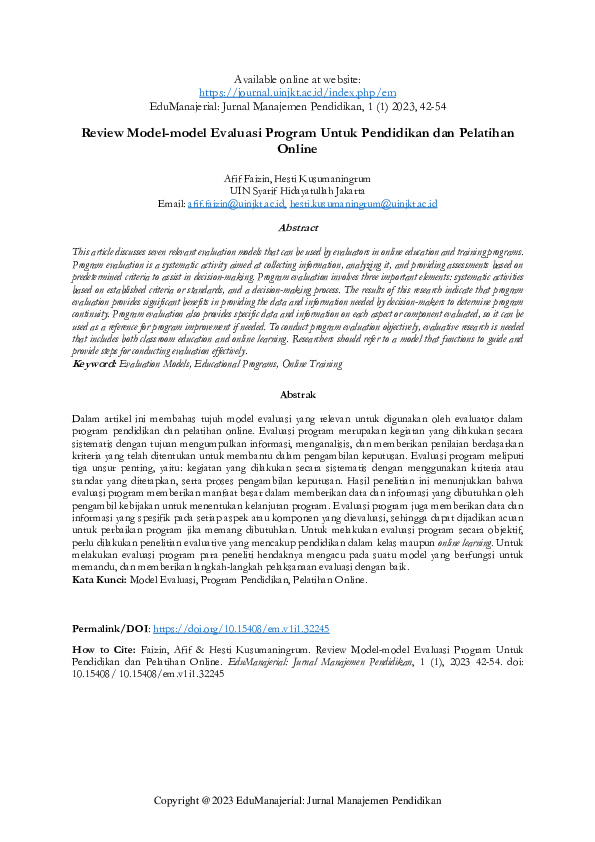 (PDF) Review Model-model Evaluasi Program Untuk Pendidikan dan Pelatihan Online