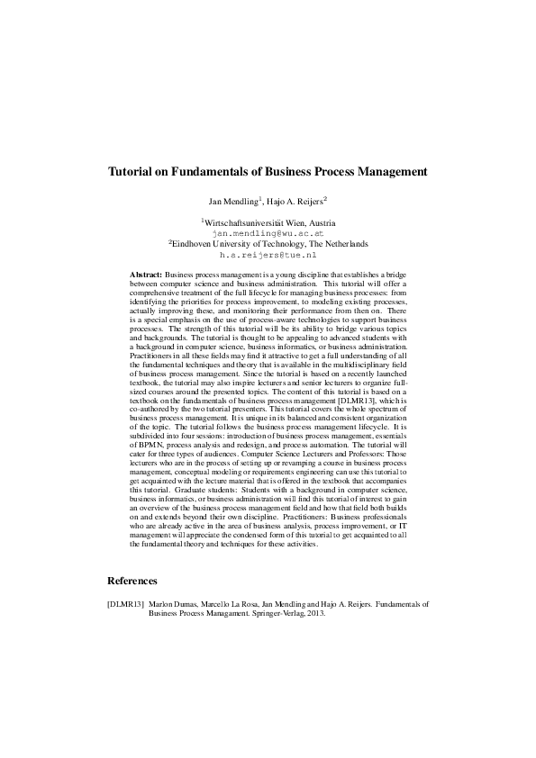 (PDF) Tutorial on Fundamentals of Business Process Management