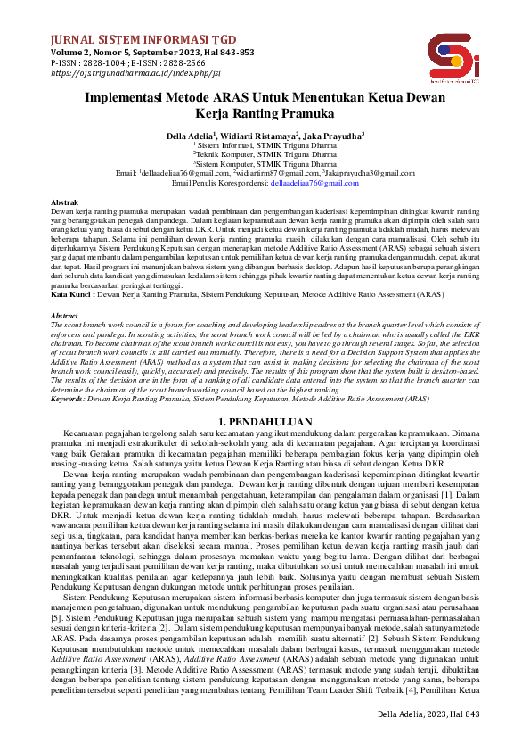 (PDF) Implementasi Metode ARAS Untuk Menentukan Ketua Dewan Kerja Ranting Pramuka