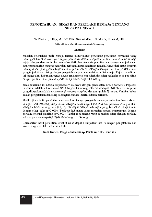 (PDF) Pengetahuan, Sikap Dan Perilaku Remaja Tentang Seks Pra Nikah