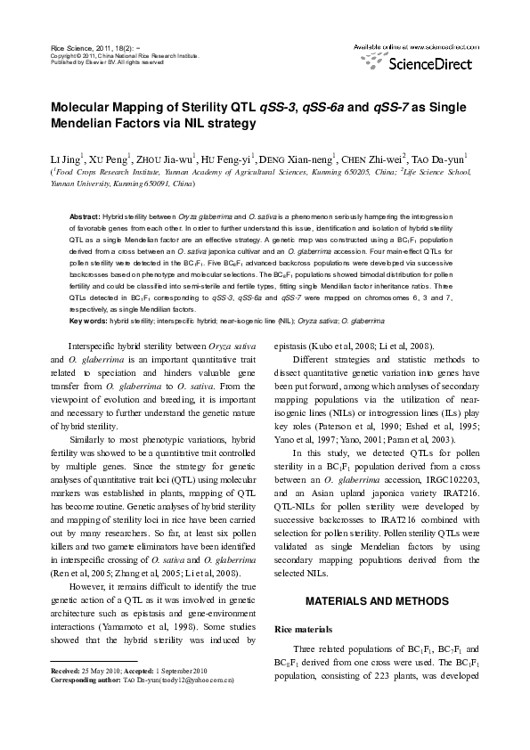 (PDF) Molecular Mapping of Sterility QTLs qSS-3, qSS-6a and qSS-7 as ...
