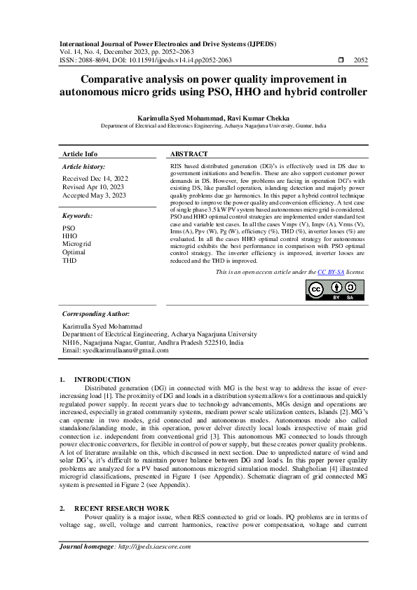 (PDF) Comparative analysis on power quality improvement in autonomous micro grids using PSO, HHO ...
