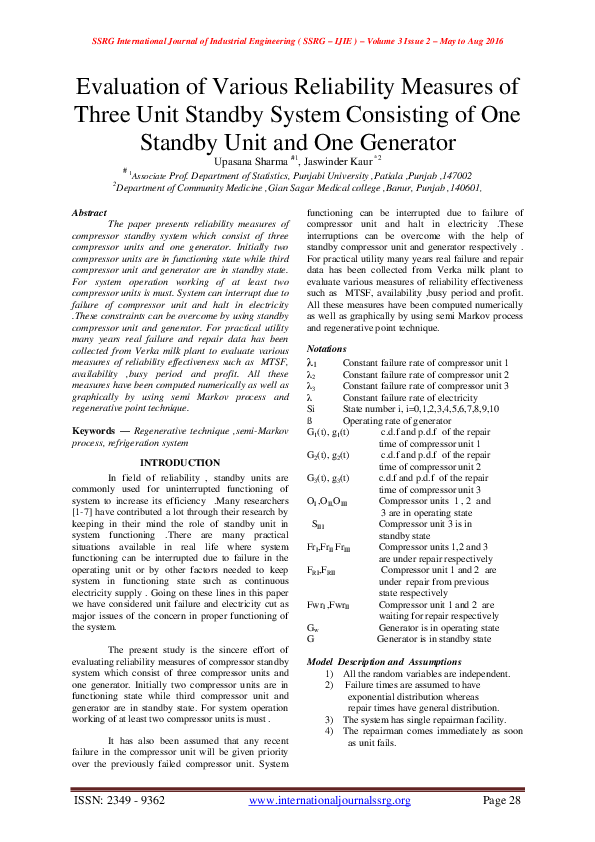 (PDF) Evaluation of Various Reliability Measures of Three Unit Standby System Consisting of One ...