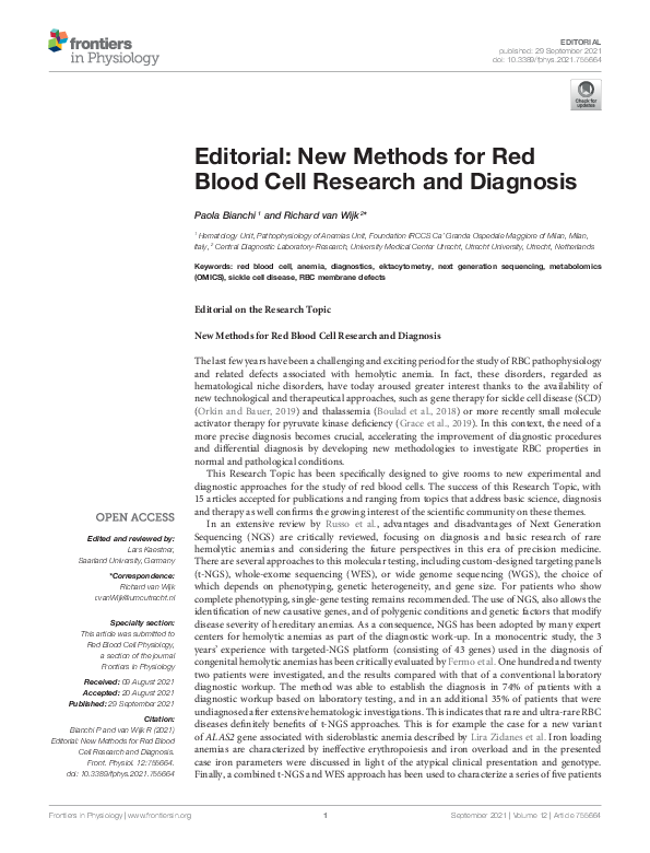 (PDF) Editorial: New Methods for Red Blood Cell Research and Diagnosis
