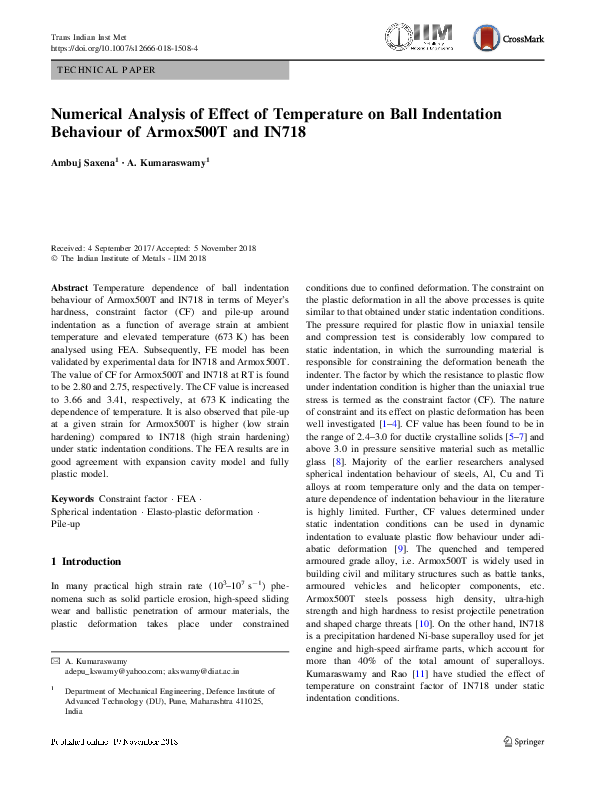 (PDF) Numerical Analysis of Effect of Temperature on Ball Indentation Behaviour of Armox500T and ...
