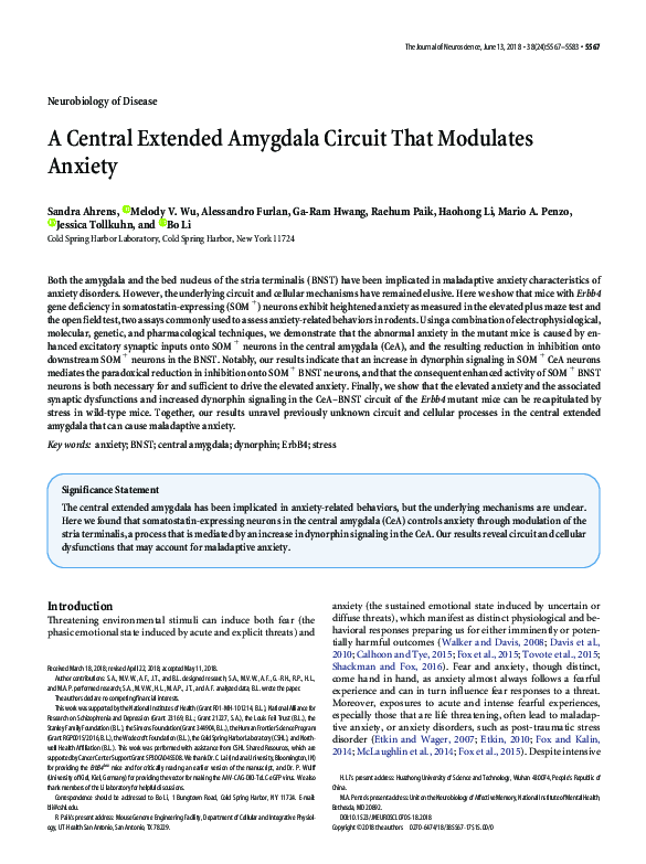 (PDF) A Central Extended Amygdala Circuit That Modulates Anxiety