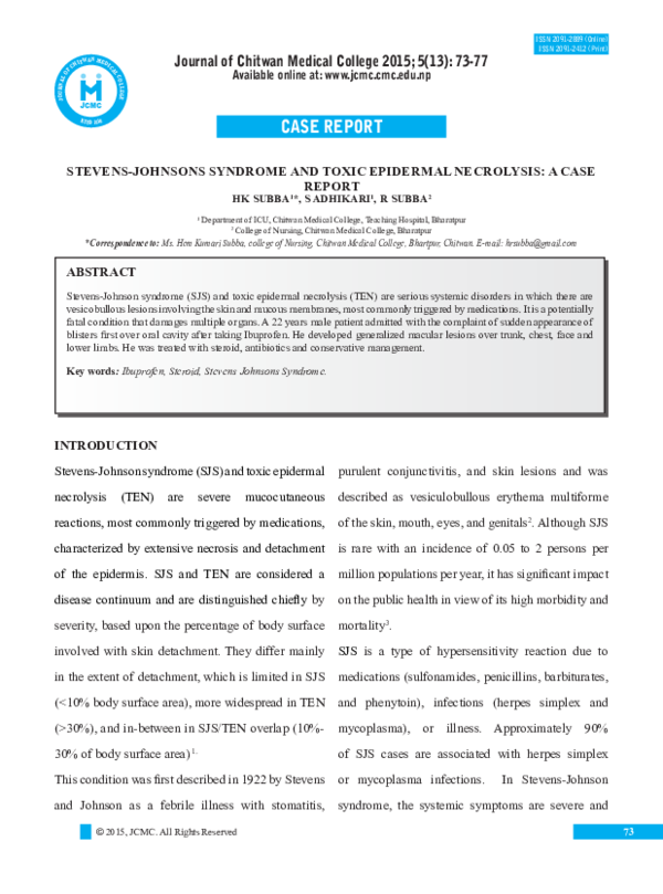 (PDF) Stevens-Johnsons syndrome and toxic epidermal necrolysis: A case ...
