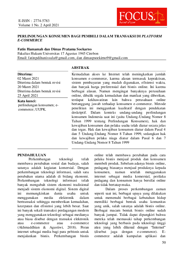 (PDF) Perlindungan Konsumen Bagi Pembeli Dalam Transaksi Di Platform E-Commerce