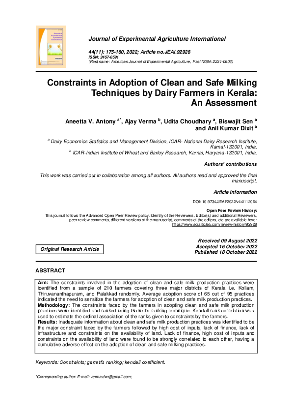 (PDF) Constraints in Adoption of Clean and Safe Milking Techniques by Dairy Farmers in Kerala ...