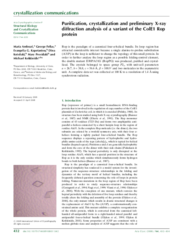 (PDF) Purification, crystallization and preliminary X-ray diffraction ...