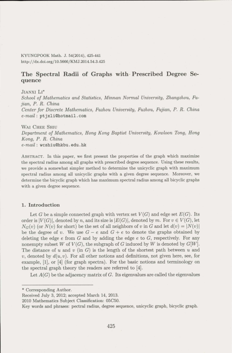 (PDF) The Spectral Radii of Graphs with Prescribed Degree Sequence