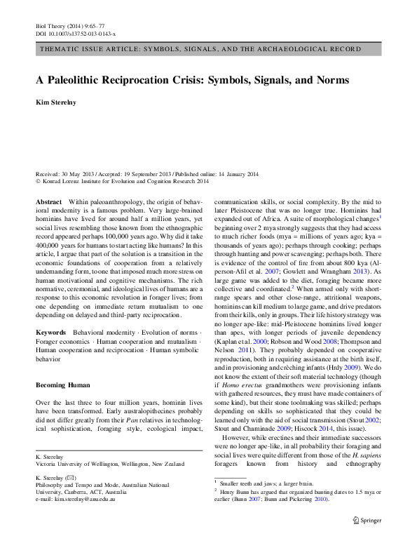 (PDF) A Paleolithic Reciprocation Crisis: Symbols, Signals, and Norms