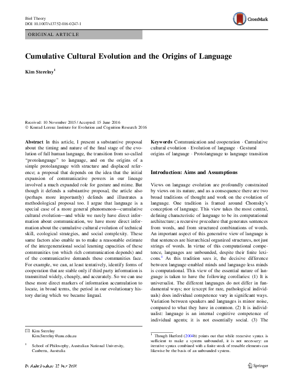 (PDF) Cumulative Cultural Evolution and the Origins of Language
