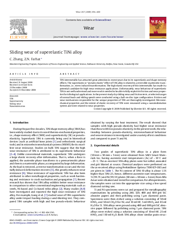 (PDF) Sliding wear of superelastic TiNi alloy