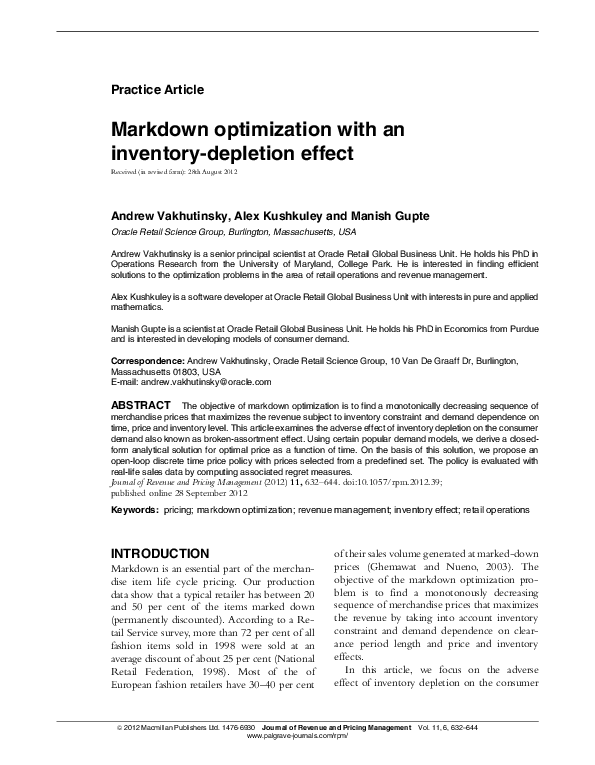 (PDF) Markdown optimization with an inventory-depletion effect