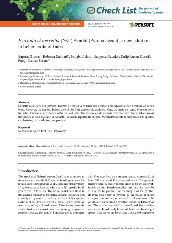 (PDF) Pyrenula chlorospila (Nyl.) Arnold (Pyrenulaceae), a new addition ...