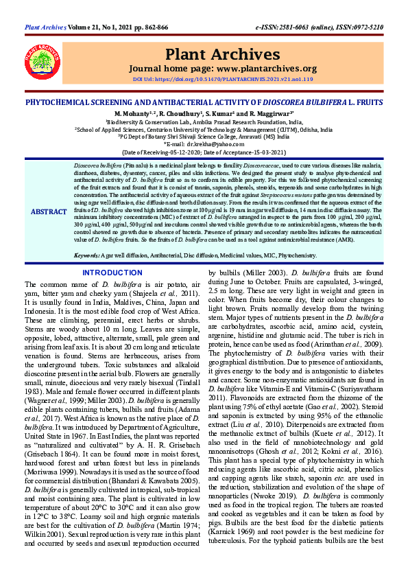 (PDF) Phytochemical Screening and Antibacterial Activity of Dioscorea Bulbifera L. Fruits