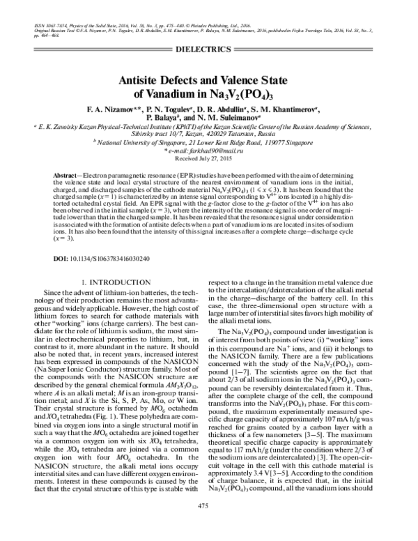 (PDF) Antisite defects and valence state of vanadium in Na3V2(PO4)3