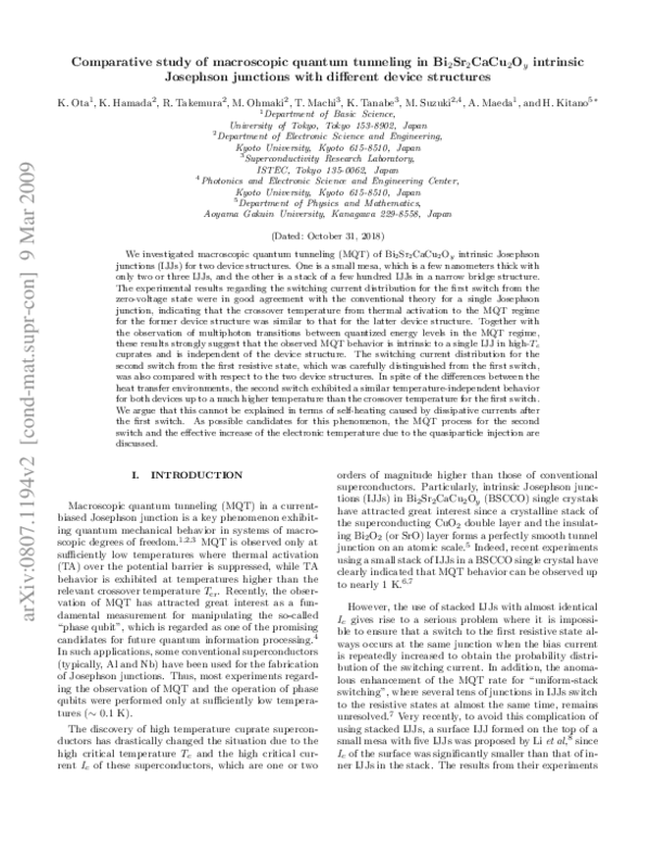 (PDF) Comparative study of macroscopic quantum tunneling inBi2Sr2CaCu2Oyintrinsic Josephson ...