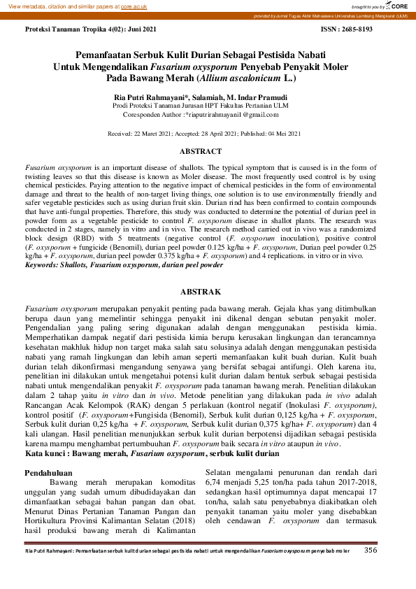 (PDF) Pemanfaatan Serbuk Kulit Durian Sebagai Pestisida Nabati Untuk Mengendalikan Fusarium ...