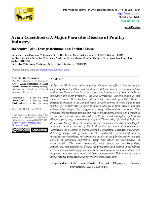 (PDF) Avian Coccidiosis: A Major Parasitic Disease of Poultry Industry