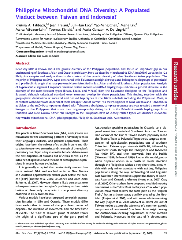(PDF) Philippine Mitochondrial DNA Diversity Study
