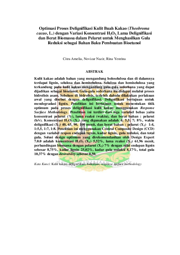 (PDF) OPTIMASI PROSES DELIGNIFIKASI KULIT BUAH KAKAO (Theobroma cacao ...