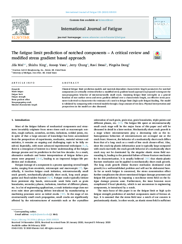 Pdf The Fatigue Limit Prediction Of Notched Components A Critical