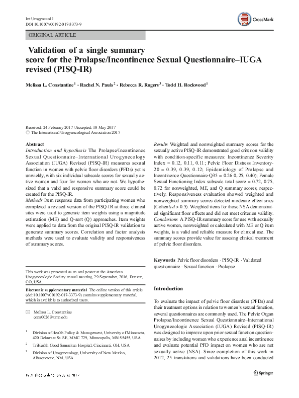 (PDF) Validation of a single summary score for the Prolapse ...